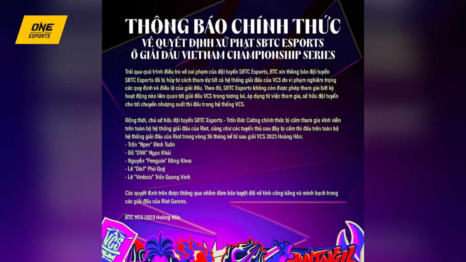 VCS Hoàng Hôn 2023: SBTC Esports chính thức lĩnh án 'global ban' từ ...